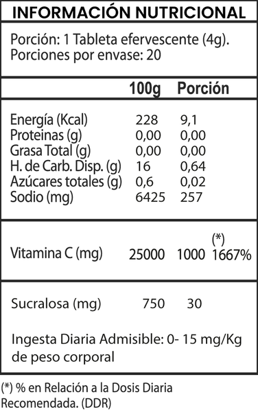 Vitamina C 1000 mg x 20 Tabletas efervescentes sabor Limon